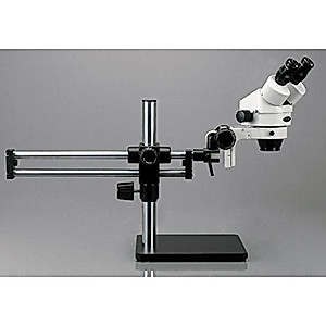 AmScope SM-5BZ-FOR Professional Binocular Stereo Zoom Microscope, WH10x Eyepieces, 3.5X-90X Magnification, 0.7X-4.5X Zoom Objective, Fiber-Optic Ring Light, Ball-Bearing Double-Arm Boom Stand, 110V-120V, Includes 0.5X and 2.0X Barlow Lenses