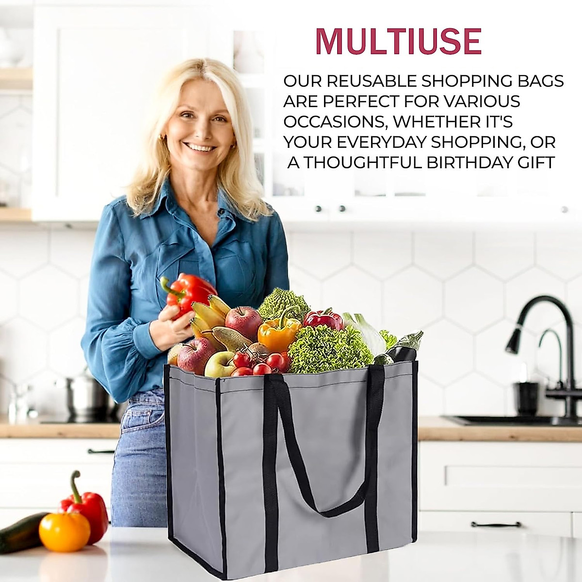 LONGTEAM Extra Large Reusable Foldable Shopping Bag, Fold Away Washable and Lightweight Shopper Bag with Reinforced Handles (3 Pack)