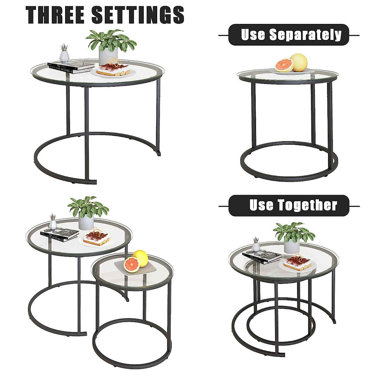 Azheruol Nesting Coffee Table Set of 2,Modern Black Tempered Glass Side Table, Metal Frame Round End Table.Small Glass Tea Table for Living Room,Bedroom Studio Apartment Essentials，17.7IN