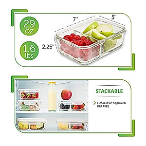 Prep Naturals Glass Meal Prep Containers 2 Compartment 5 Pack - Food Storage Containers - Glass Storage Containers with Lids - Divided Glass Cupcake Carriers 29 Ounce
