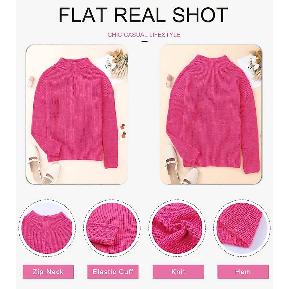 Dokotoo Sweaters for Women Waffle Knit Long Sleeve Quarter Zip Pullover for Women Business Casual Fall Fashion Tops Winter Trendy Aestheic Teathcer Clothes V Neck Oversized Hot Pink Sweater Medium