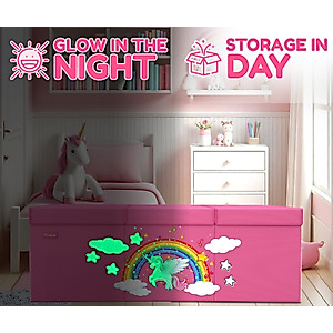RUTIFUN Extra Large Kids Toy Storage Organizer, Collapsible Toy Baskets Storage, Large Toy Chest Basket with Lid, Unicorn Baby Toy Bins for Girls, Toy Box for Boys, w/Glow-in-the-Dark Stickers, Pink