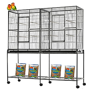 Large Double Birdhouse Breeder Bird Flight Cage with Center Divider Side Breeding Nest Doors Removable Rolling Stand (51" Length x 17" Depth x 54" Height, Black Vein)