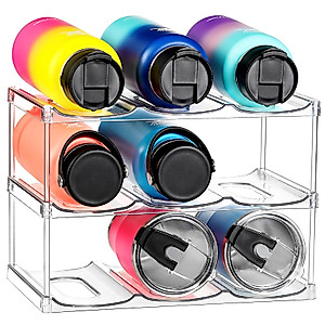 3 Tier Stackable Water Bottle Organizer for Cabinet - Premium Clear Holder for Tumbler, Travel Bottle, Wine Rack Display - Home Kitchen Pantry Refrigerator Organization and Storage - Hold 9 Bottles