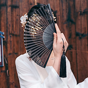 RAN Small Black Folding Fans, Chinese Bamboo Leaf Pattern Hand Fan Folded Purse Hand Fan with Fabric Sleeve and Tassel, for Women