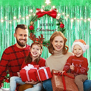 2 Pack 3.2 ft x 9.8 ft Green Tinsel Curtain Party Backdrop Decorations, Metallic Foil Fringe Backdrop Door for Halloween, Christmas, Birthday Graduation Wedding Party Streamers Photo Backdrop.