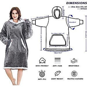 Wearable Blanket Oversized Sweatshirt for Women and Men, Super Soft Warm and Sweatshirt with Hood Pocket and Sleeves Plush Hoodie Blanket, One Size Fits All (Gray)