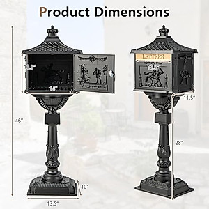 Giantex Cast Aluminum Mailbox with Post - Locking Residential Mailboxes for Outside with Keys, Baffle Door, Expansion Bolts, Address Panel, In-Ground Rust-Proof Large Security Postal Mailbox (Black)