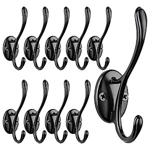 COCOYA 10Pack Hook Wall Mount Heavy Duty Retro Rustic Vintage Farmhouse Simple Zinc Alloy Metal 2 Prong Matte Black with Screws Hanging Coat Hat Clothes Backpack Purse Jacket Entryway Mudroom Decor