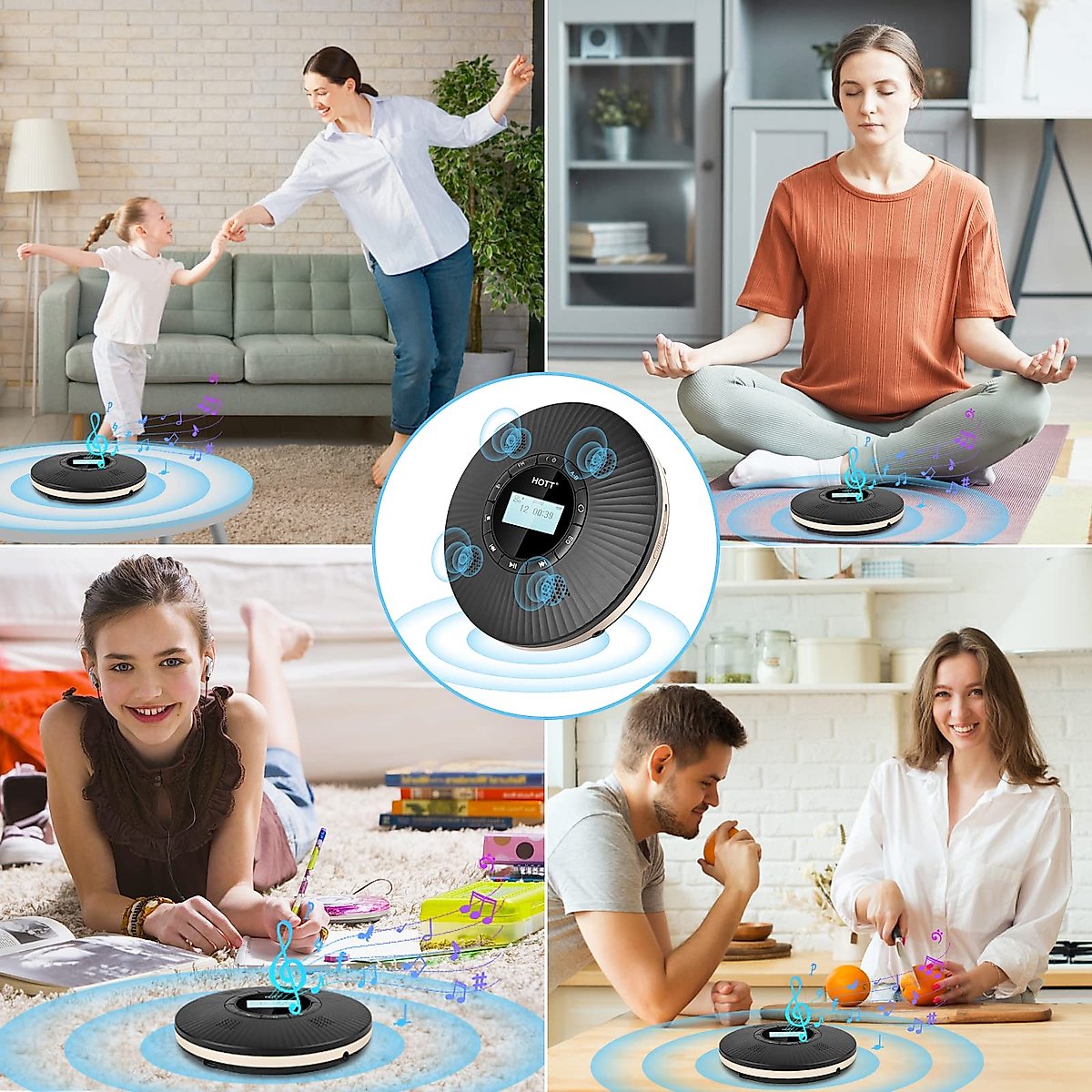 HOTT CD Player Portable with 4 Speakers, Portable CD Player with 5.3 Bluetooth and FM Transmitter with Big LCD Screen Rechargeable 1800mAh Small Walkman CD Players with Headphones for Car Home Travel