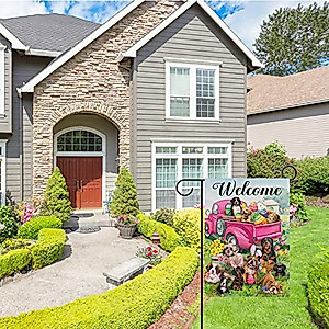 Covido Home Decorative Welcome Easter Eggs Pink Truck Dog Garden Flag, Country Puppy House Yard Daffodil Tulip Daisy Flowers Outside Decoration, Spring Floral Outdoor Small Decor Double Sided 12 x 18