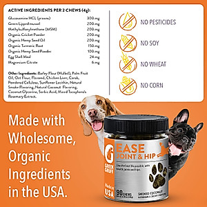 Green Gruff Dog Hip & Joint Supplement - Organic Dog Arthritis Supplement w/Glucosamine, MSM, Turmeric - Made in USA - Joint Mobility, Reduced Inflammation, Arthritis Pain Relief for Dogs - 90 Chews