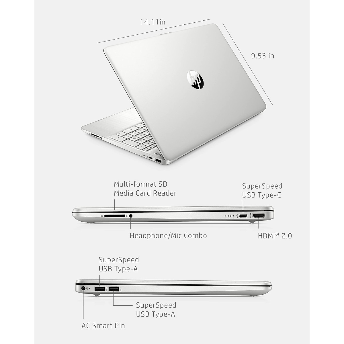 HP 2023 15.6-inch HD Micro-Edge Laptop, AMD Ryzen 3-3250U Processor, 16GB RAM, 1TB SSD Storage, Windows 11 Home, Long-Lasting Battery, Fast Charge, 720p Webcam, Natural Silver