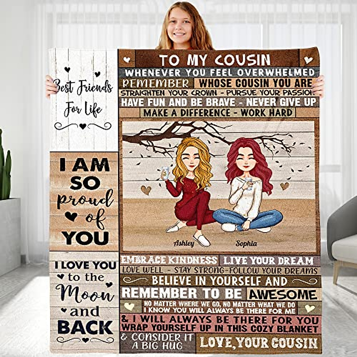 KERAOO Custom Throw Blankets Gift for Cousin, Cousin Birthday Gift Ideas, Valentine's Mother's Day Graduation Birthday Gift for Her (Cousin(Sister)-02)