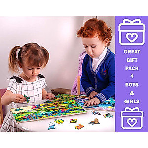 QUOKKA Wooden Puzzles for Kids Ages 4-6 – 4 x 60 Piece Kids Puzzles Ages 4-8-10 Year Olds by QUOKKA - Jigsaw Learning Game with Animals Dinosaurs City for 3-5 yo Wood Toys for Boys and Girls