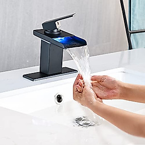 ZORIOU Waterfall Bathroom Sink Faucet, Cold and Hot Water Temperature Sensitive, Wide Spout Basin Modern Faucet with 3 Colors Changes (Matte Black)