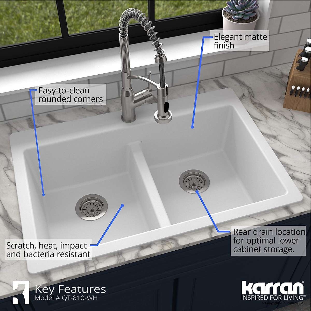Karran QT-810 33" Top Mount Double Equal Bowl Quartz Kitchen Sink in White