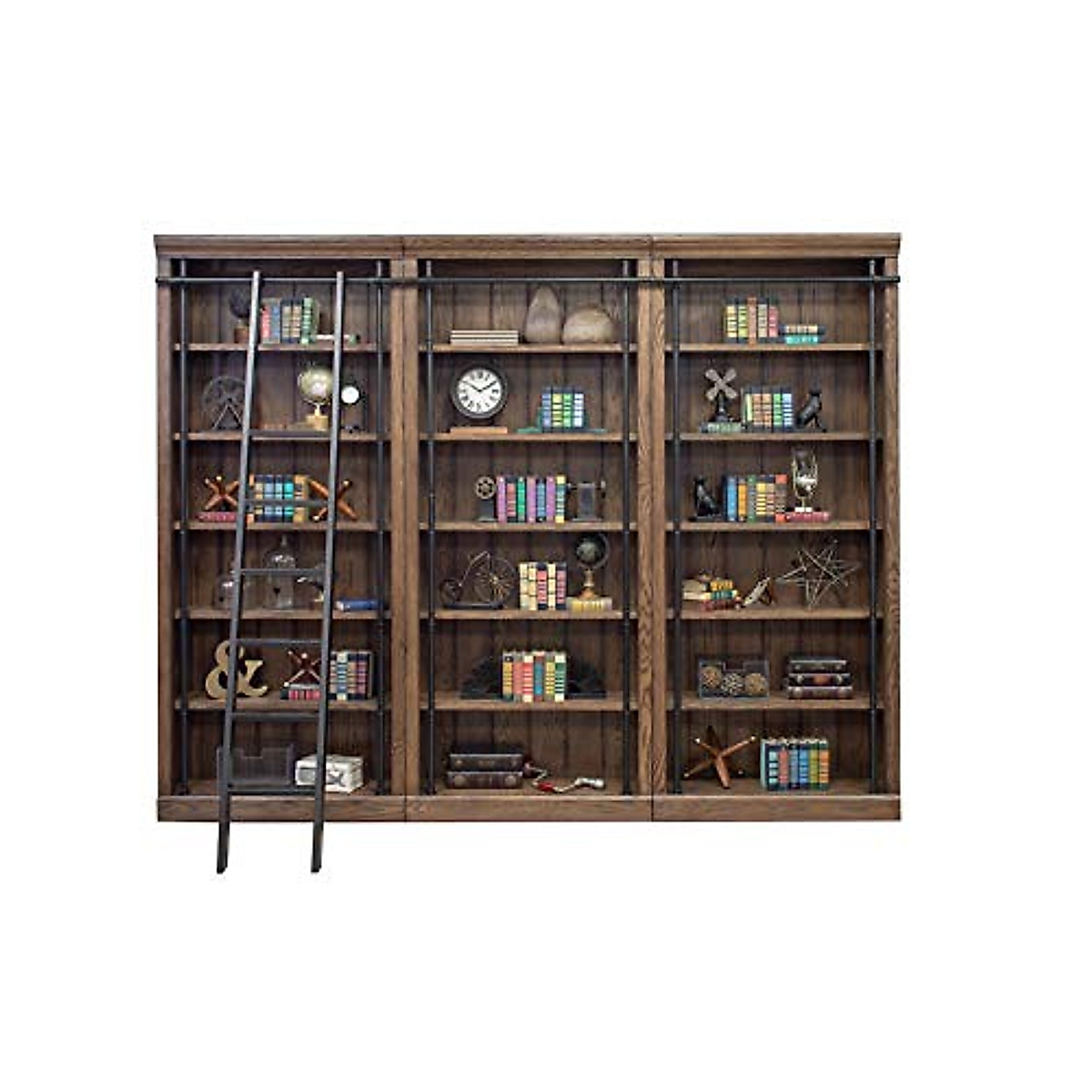 Martin Furniture Avondale 8' Tall Bookcase Wall with Ladder, Storage Organizer, Display Shelf for Office, Brown