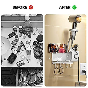 susimond Hair Dryer Holder Wall Mounted, Upgraded Hands-Free Blow Dryer Holder with Phone Holder and Hooks, Wall Mount Bathroom Hot Tool Organizer for Hair Drver, Curling Wand, Straightener