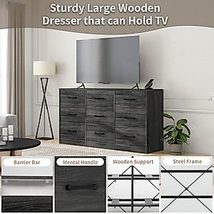 YMBSBUY 6 Drawer Dresser for Bedroom,Wood Chest of Drawers,Black Dresser TV Stand with Steel Frame for Storage and Organization,Large Fabric Dresser for Kids Bedroom,Living Room, Nursery,Closet