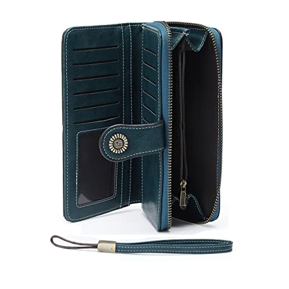 JJUQ Womens Wallet Leather Large Capacity Card Holder Zipper Wristlet Wallets for Women-peacock blue