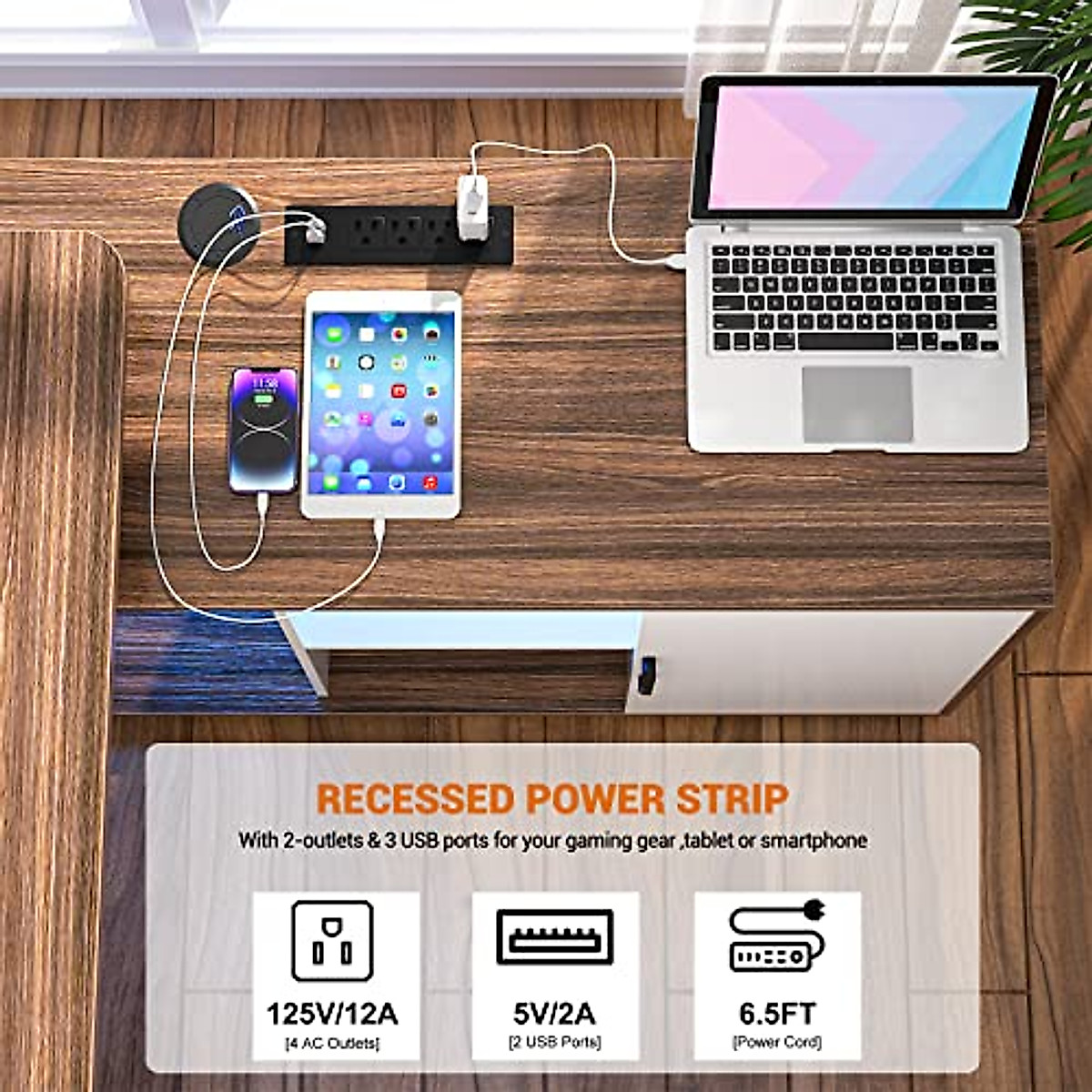 Unikito L Shaped Desk with File Cabinet and Power Outlet, 55 Inch Large Corner Computer Desks with LED Light Strip, L-Shaped Computer Desk with Door and Storage Shelves for Home Office, Walnut & White