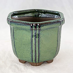 Semi-Cascade Hexagon Dark Green Shohin Bonsai Pot w/Mesh - 4.25"x 4.25"x 3.25"