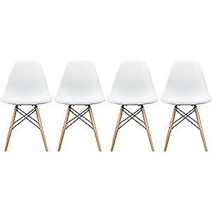 2xhome Modern Plastic Side Dining Chairs No Arms with Back Natural Wood Wooden Legs, Set of 4, White, Set of 4