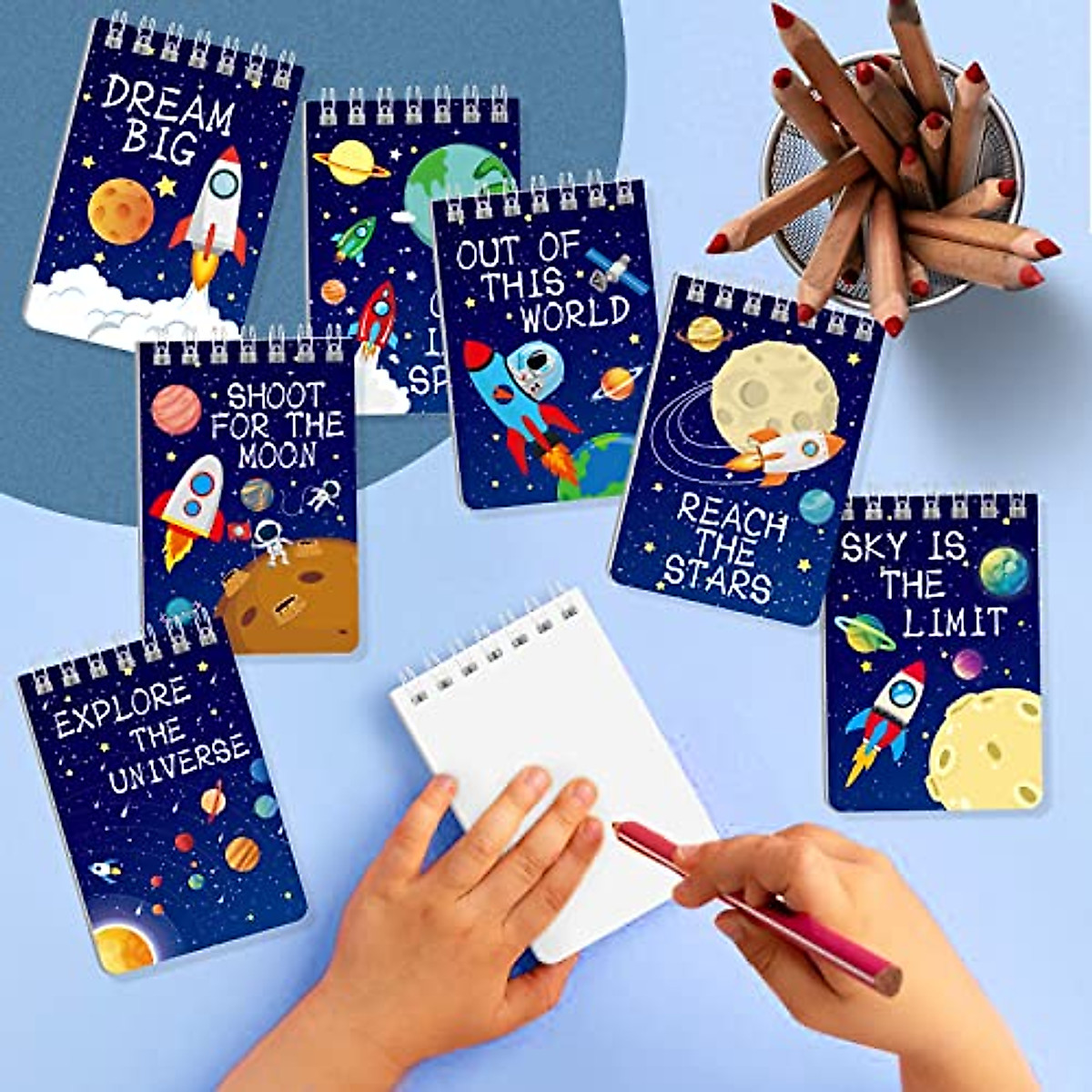 Outer Space Mini Notebook 32 Pack Kids Space Party Favor Galaxy Goodie Bags Solar System Science Astronaut Rocket Planet Small Spiral Pocket Notepads for Boys Girls Space Theme Birthday Party Supplies