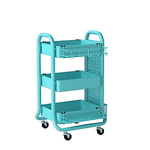 DESIGNA Heavy Duty 3-Tier Metal Rolling Cart,Utility Storage Cart With DIY Pegboard,Craft Art Carts Trolley Organizer with Handle and Extra Office Storage Accessories for Kitchen Office Home,Turquoise