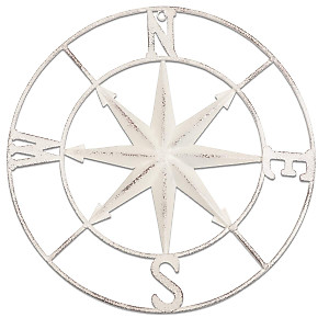 YIYA 11.8" Distressed Metal Compass Decoration Metal Decorative Compass for Nautical Decoration Bedroom Living Room Garden Office Wall Hanging Beach Theme Home Decoration (White)