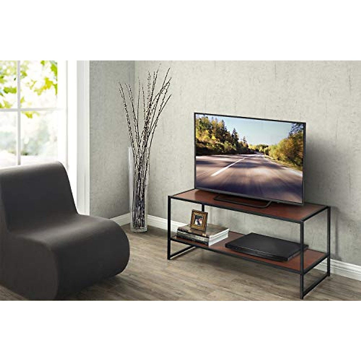 ZINUS Garrison 40 Inch Black Metal Frame Media Stand / TV Stand with Shelf / Easy Assembly, Red mahogany wood grain