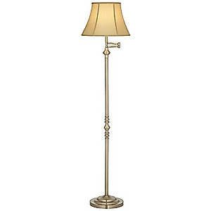 Regency Hill Montebello Traditional Adjustable Swing Arm Floor Lamp Standing 60" Tall Antique Brass Metal Column Golden Tan Bell Shade for Living Room Reading House Family Bedroom Home