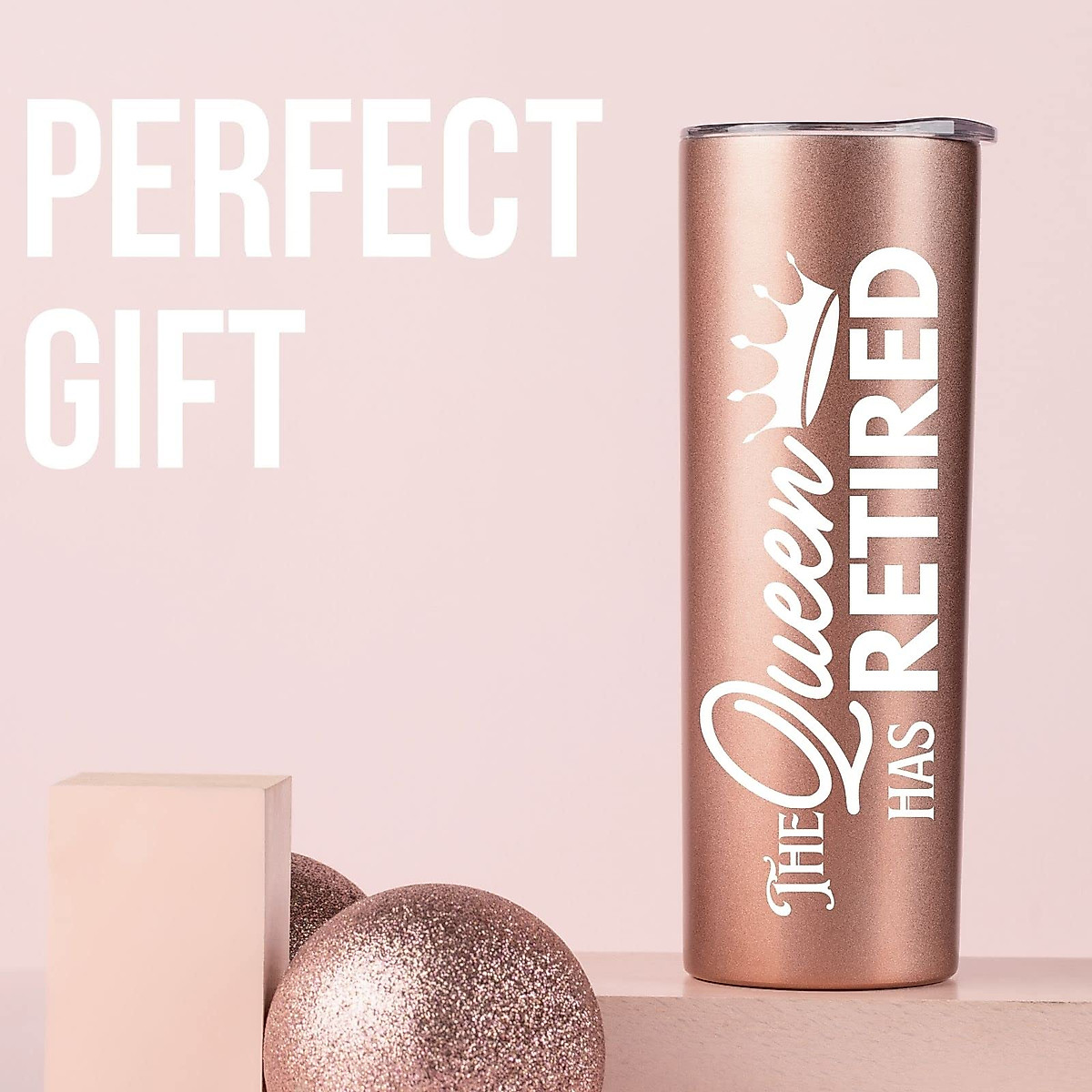 Onebttl Retirement Gifts for Women, Funny Retirement Tumbler 20oz, Retired Gifts for Coworkers, Grandma, Friends - Rose Gold (The Queen Has Retired)