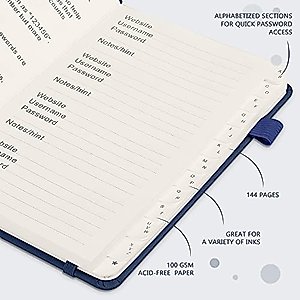 JUBTIC Password Book with Alphabetical Tabs. Medium Size Password Keeper Logbook for Internet Website Address Log in Detail. Hardcover Password Notebook & Organizer for Home Office, Navy Blue