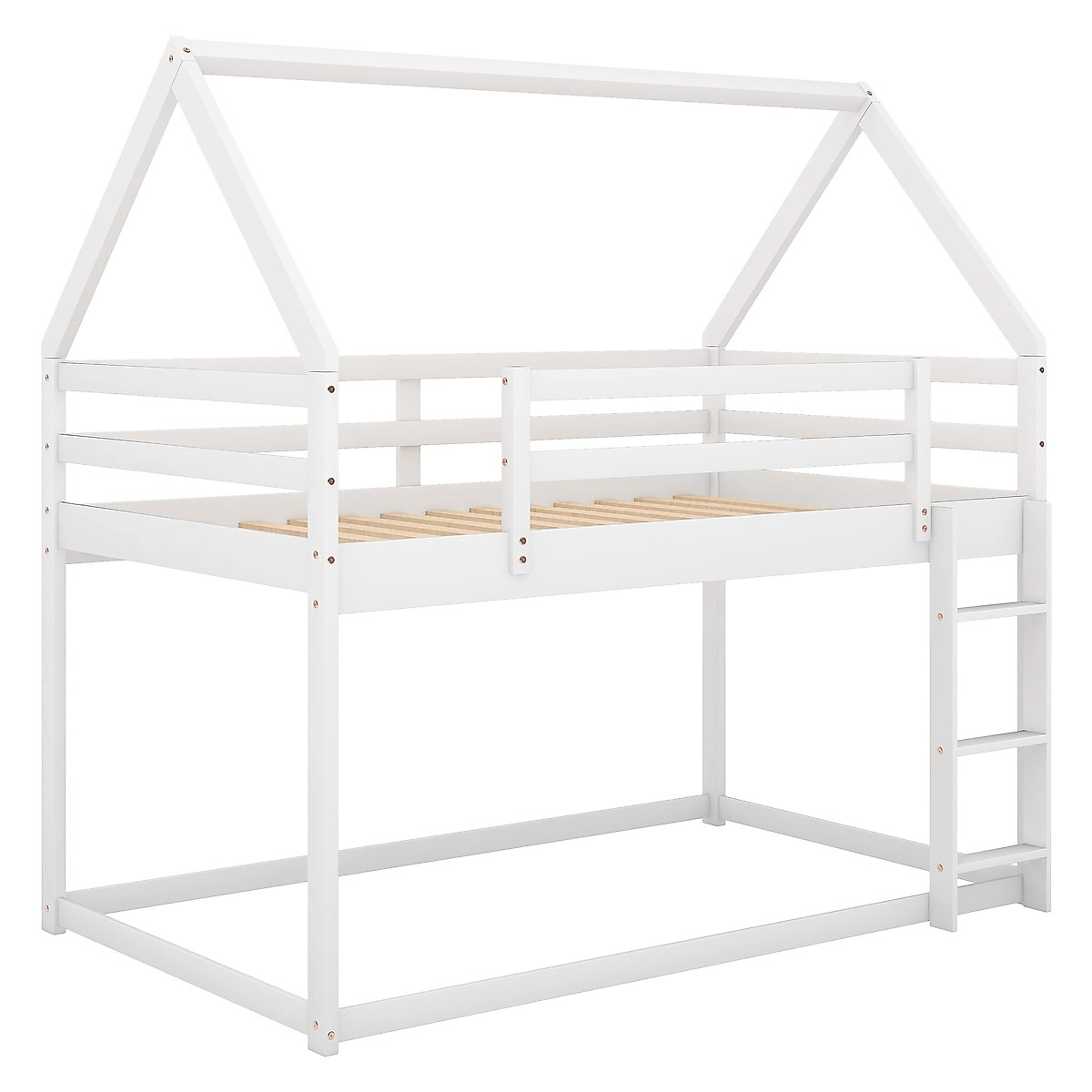 Twin Over Twin House Bunk Bed, Wood Montessori Floor Bunk Bed Frame with Ladder, Low Bunk Beds with Roof for Kids, Teens, Girls, Boys, White