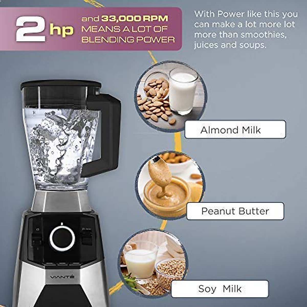 Professional Heavy Duty Power Blender. 1400-WATT motor. 64 oz BPA Free Tritan Jar. 33,000 RPM. Ideal for Making Smoothies, Almond Milk, Crushing Ice. Makes & Heats Soup. 10 Variable Speeds