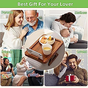 GEHE Acacia Wood Couch Arm Table, Folding Sofa Arm Table with 360 Rotating Phone Bracket, Wooden Couch Arm Tray for Small Spaces, Sofa table for Eating and Drinking, Back Non-slip Pad