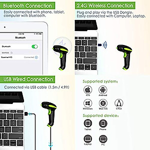 NADAMOO 2D Wireless Barcode Scanner with Stand, Compatible with Bluetooth & 2.4G Wireless & Wired Connection, Cordless QR Code Scanner USB Image Bar Code Reader for Computer Tablet iPhone iPad Android