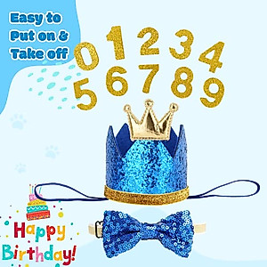 Dog Birthday Costume Set, Boy Dog Birthday Crown Hat Plaid Bandana with Bowtie and Numbers 0-9, Dog Triangle Birthday Scarf Outfit Set for Small, Medium, Large Dogs, Blue