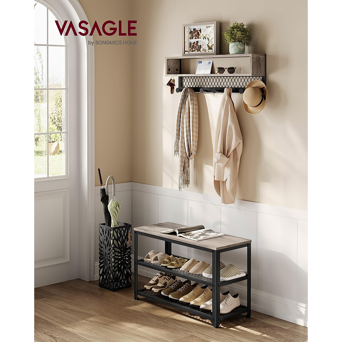VASAGLE Coat Rack Shoe Bench Set, Hall Tree with Bench, Entryway Furniture, Multifunctional, Dot Coat Hooks, 2-Tier Shoe Rack, Industrial Style, for Entryway, Hallway, Heather Greige ULCR073K02
