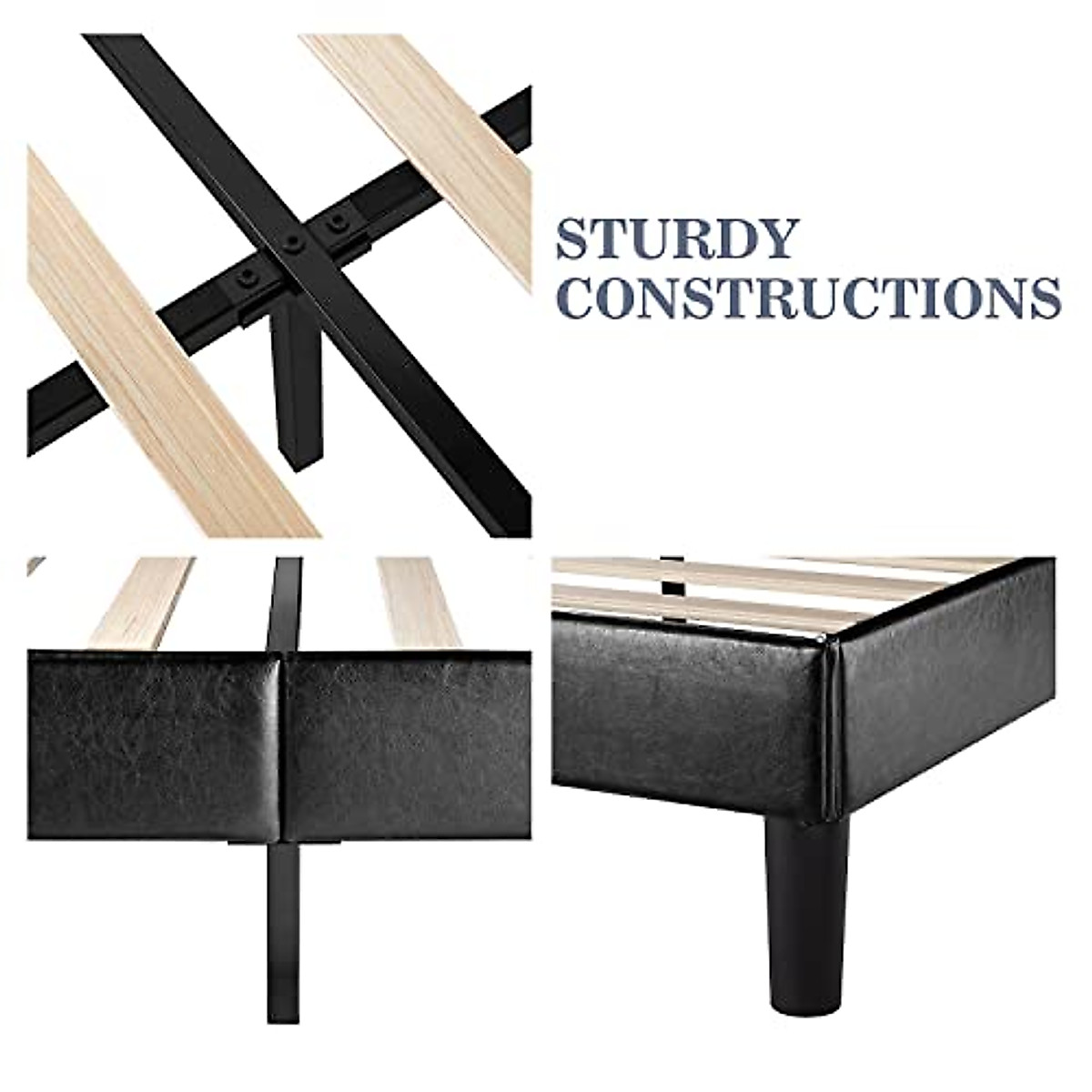 Allewie King Bed Frame with Adjustable Diamond Stitched Button Tufted Headboard/Faux Leather Upholstered Platform Bed with Easy-Assembly Wood slats, Black