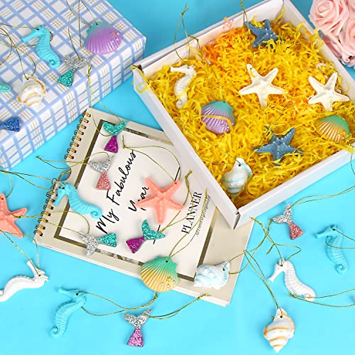 LOMIMOS 36PCS Christmas Ocean Themed Ornament,Colorful Summer Resin Pencil Finger with Rope,Assorted Beach Seashell Starfish Seahorse Nautical Hanging Decor for Wedding Birthday Party Craft