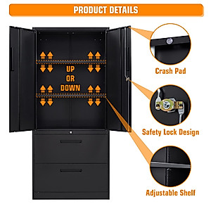 ZAOUS File Cabinet 2 Drawer, Metal File Cabinet with Lock, Lateral Filing Cabinets with Doors & Adjustable Shelves for Home Office, Living Room, Pantry, Gym, Basement, Warehouse, Black