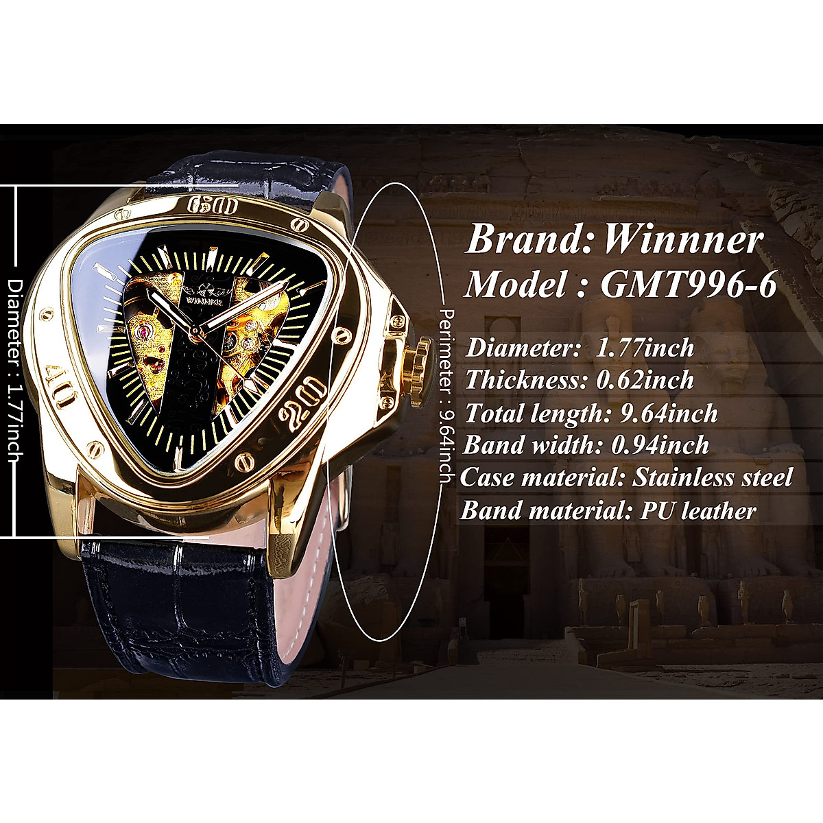 Winner Fashion Mechanical Wrist Watch Triangle Racing Dial, Waterproof Golden Skeleton Dial Automatic Movement Leather Design Mechanical Watch for Men