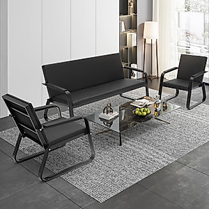 Bestmart PVC Leather 3PCS Office Reception Sofa Set Executive Side Waiting Room Visitor Guest Sofa,Dark Black