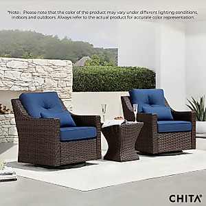 CHITA Patio Wicker Chair, 360° Rocking Swivel Outdoor Rattan Chair with Thickened Cushions for Backyard, Poolside, Garden or Porch, Blue Cushions with Chestnut Wicker