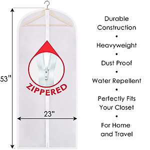 SteadMax Zippered Garment Bag, Large 53 x 23 inches, Dress Bag for Gowns, Suits, Jackets, Dresses, Hanging Clothing Storage Bag, Water Repellent, Dust Proof, Clear (1 Pack)