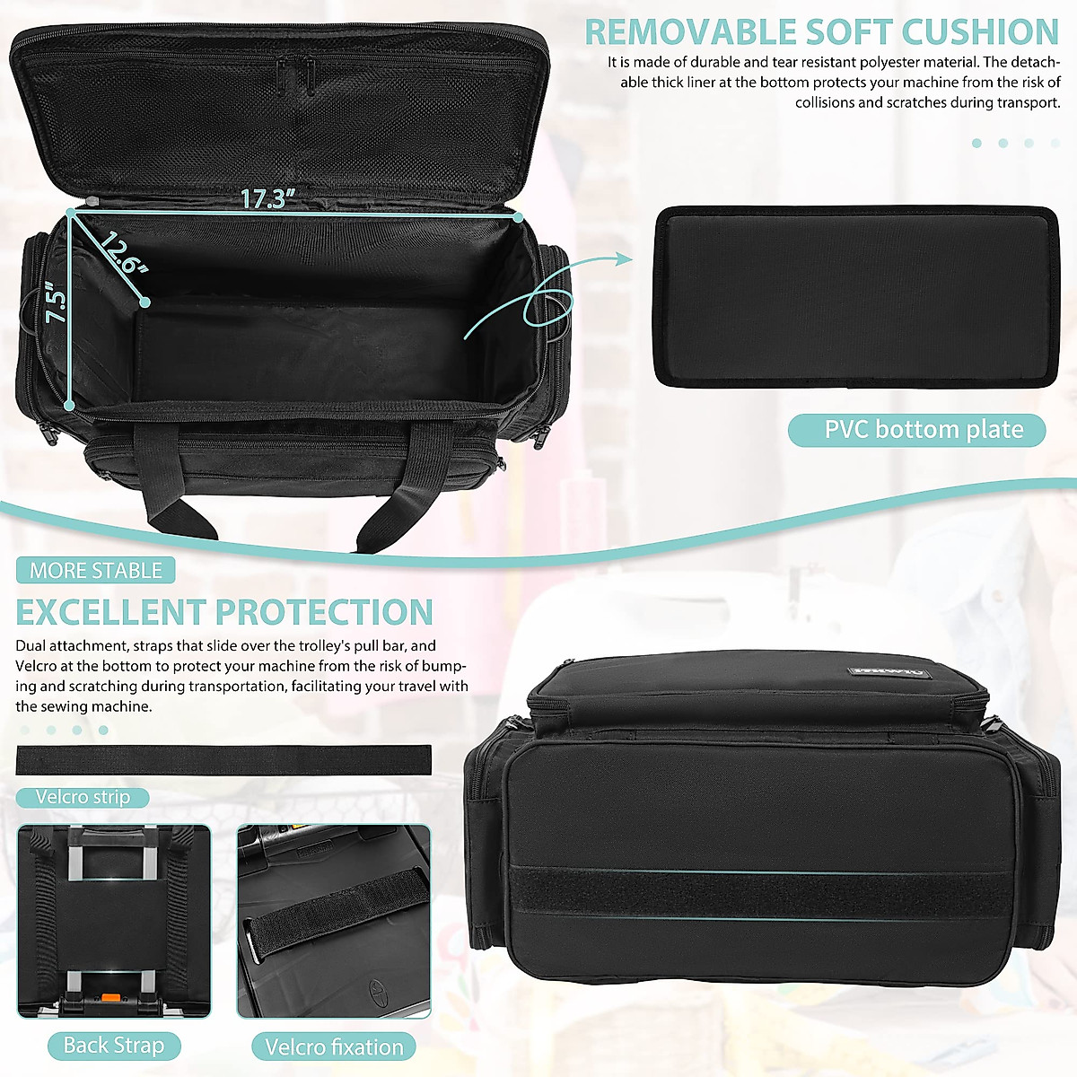 ITHWIU Sewing Machine Case with Wheels, Rolling Trolley Tote with Multiple Storage Pockets for Accessories, Black