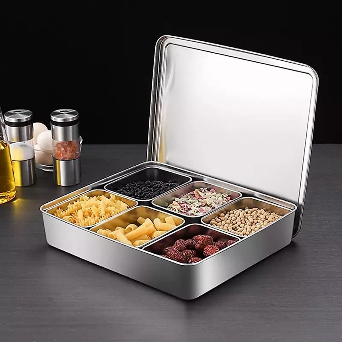 Xarra - Japanese Mini Container, Stainless Steel Yakumi Mise En Place Box, Multi Compartment Set For Food, Herbs, Seasoning and Spices (6 Compartment)